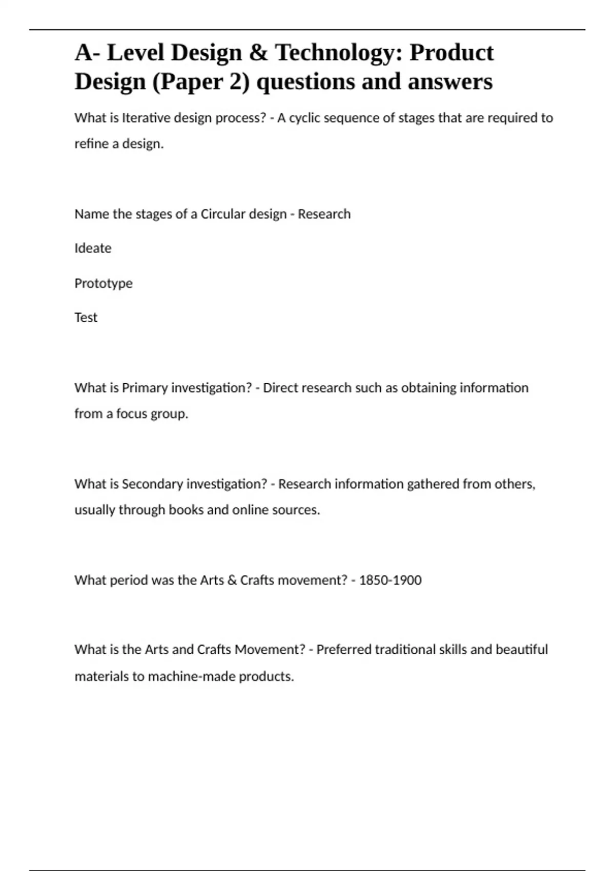 A- Level Design & Technology: Product Design (Paper 2) questions and ...
