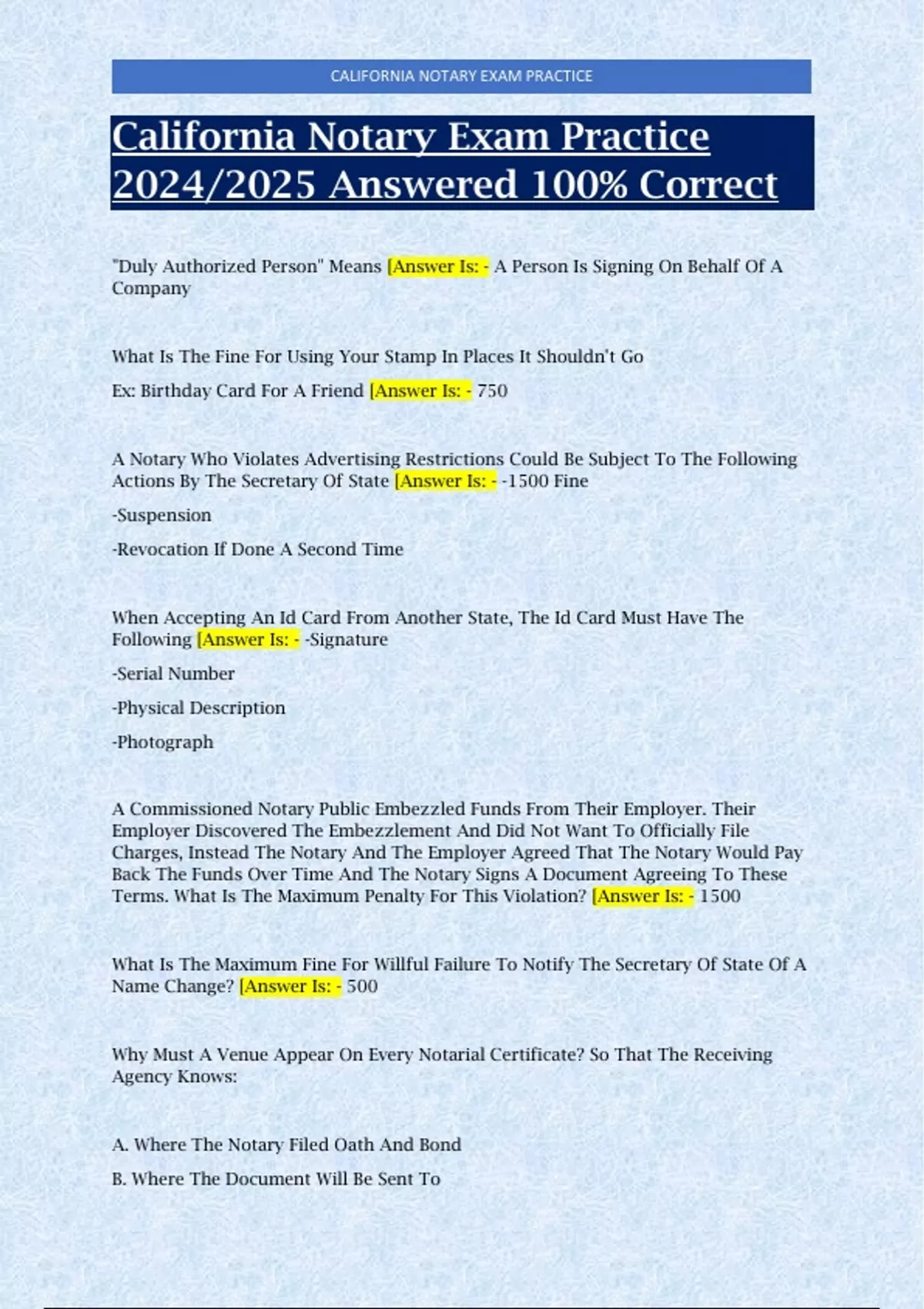 California Notary Exam Practice 2024/2025 Answered 100% Correct ...