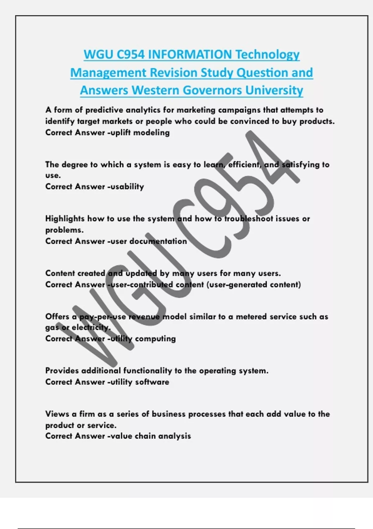 WGU C954 INFORMATION Technology Management Revision Study Question and ...
