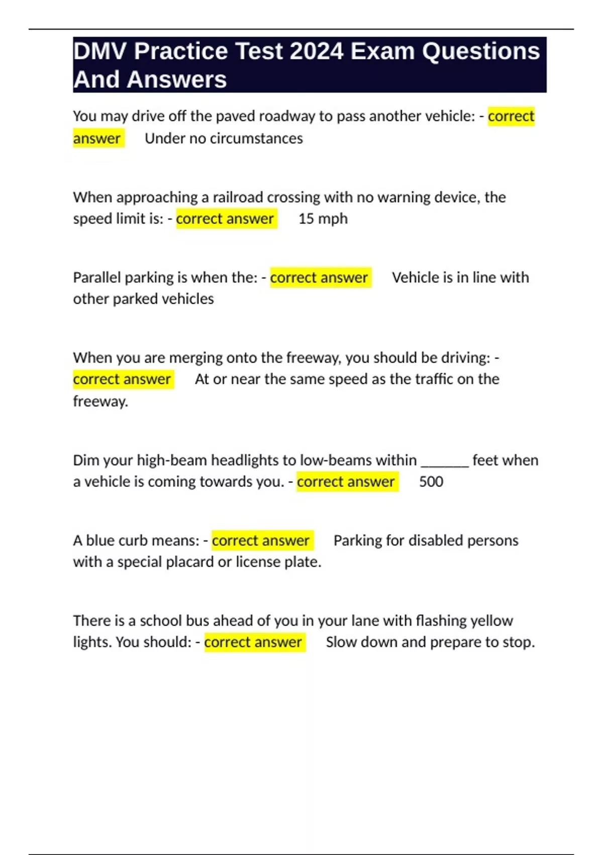 DMV Practice Test 2024 Exam Questions And Answers - DMV . - Stuvia US