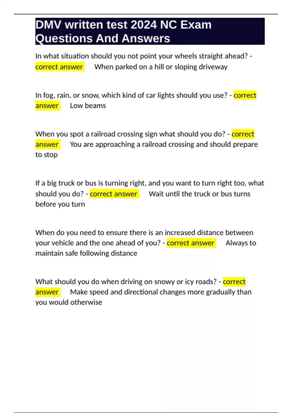 DMV written test 2024 NC Exam Questions And Answers - DMV written ...