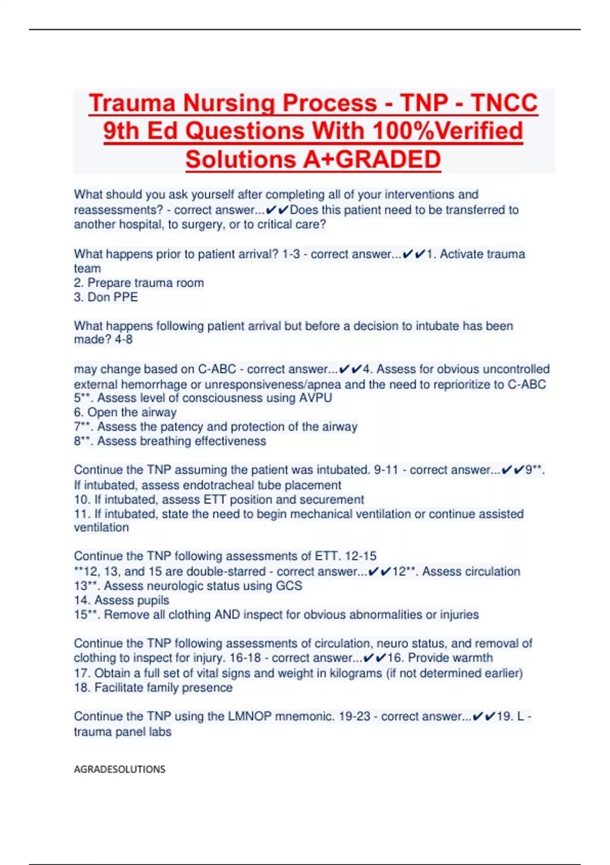 Trauma Nursing Process - TNP - TNCC 9th Ed Questions With 100%Verified ...