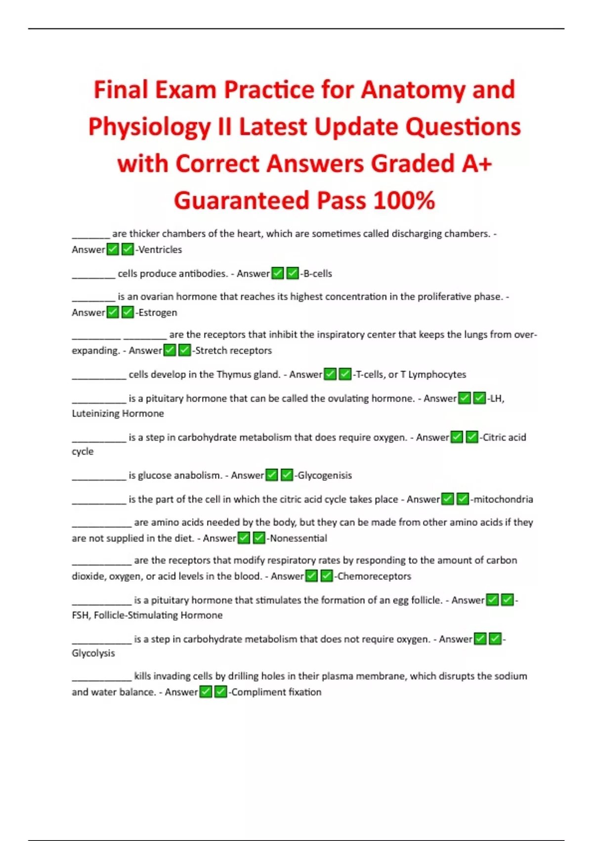 Final Exam Practice for Anatomy and Physiology II Latest Update ...