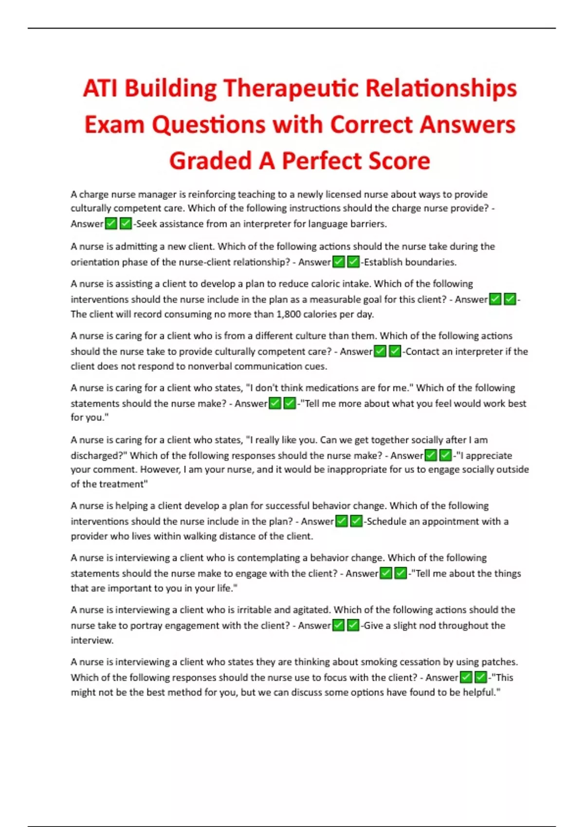 ATI Building Therapeutic Relationships Exam Questions with Correct ...