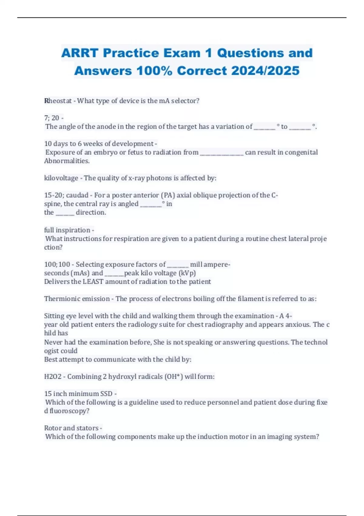 ARRT Practice Exam 1 Questions and Answers 100% Correct 2024/2025 - ARRT - Stuvia US