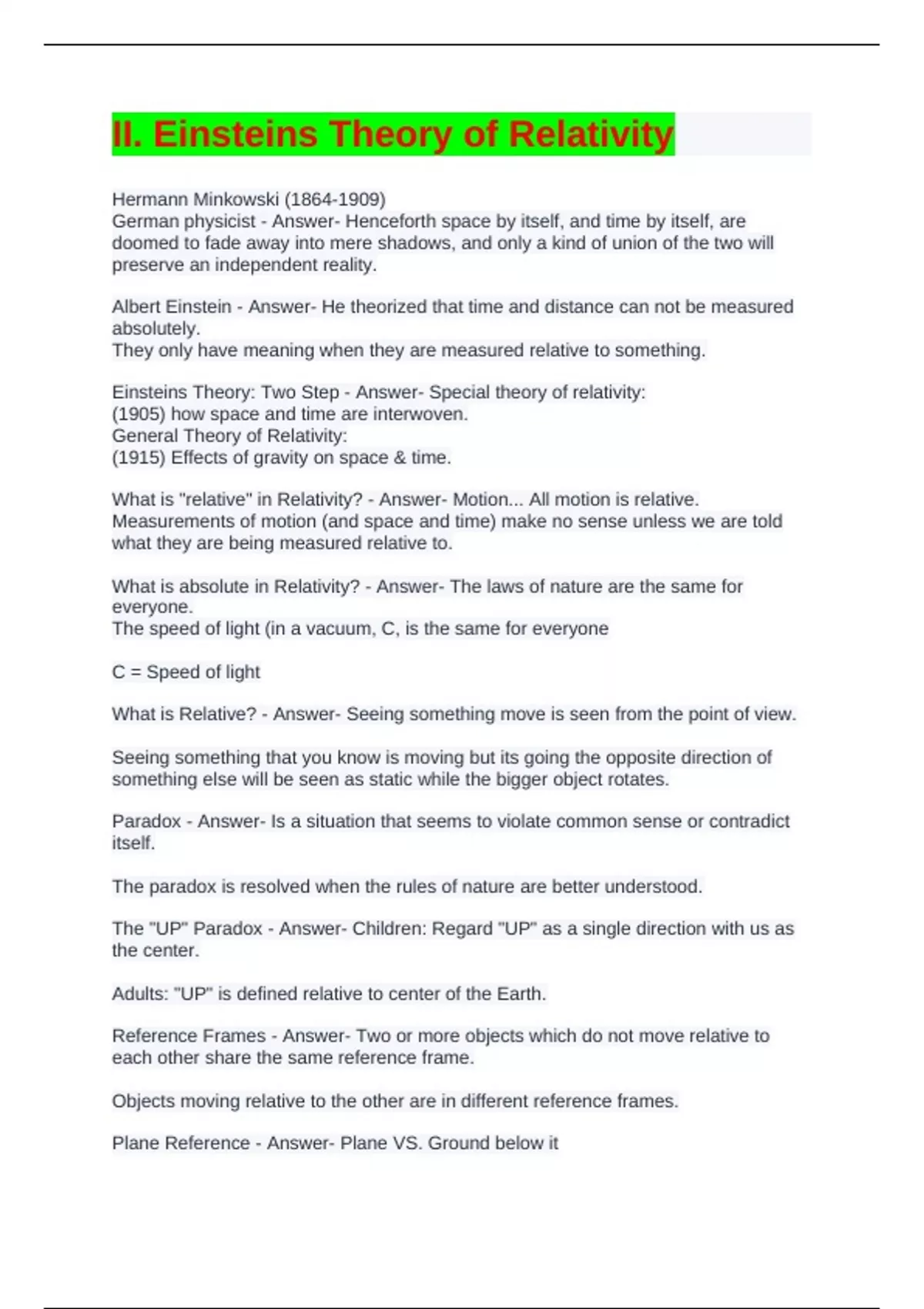 II. Einsteins Theory of Relativity Qs and As - II. Einsteins Theory of ...