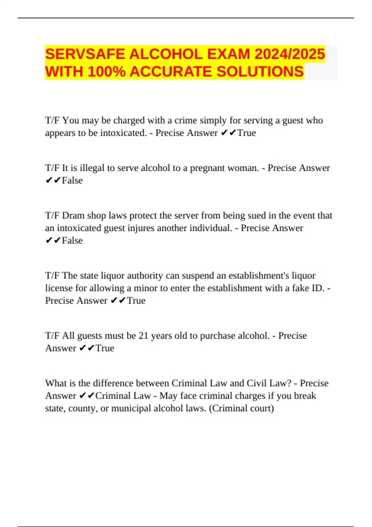 ServSafe Alcohol Exam 2024/2025 WITH 100% ACCURATE SOLUTIONS - ServSafe ...
