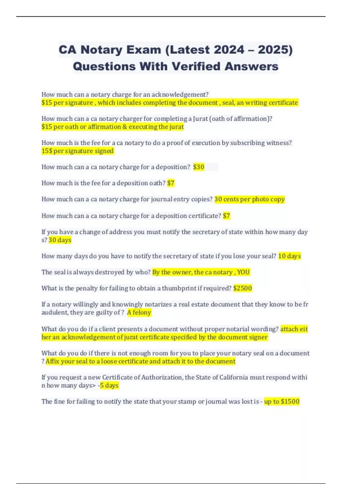 CA Notary Exam (Latest 2024 – 2025) Questions With Verified Answers ...