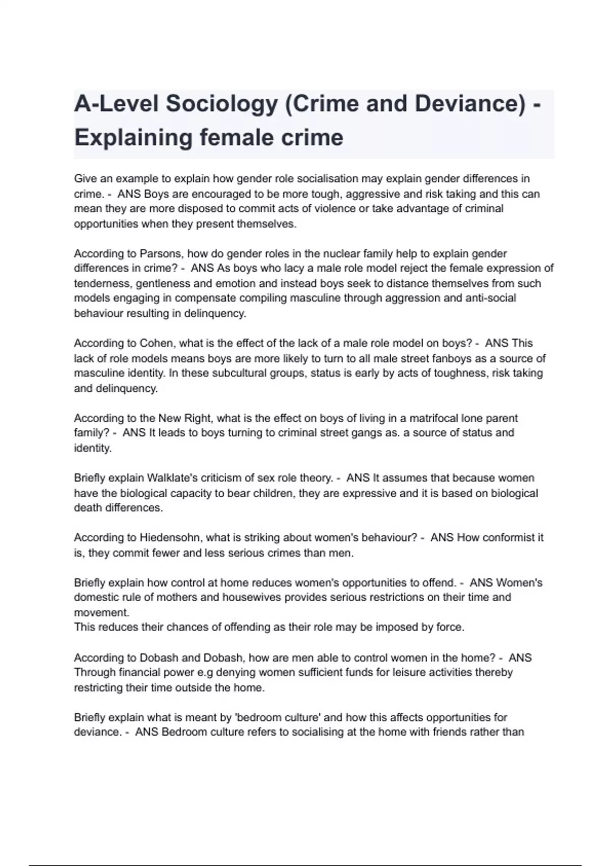 A-Level Sociology (Crime and Deviance) - Explaining female crime Exam ...