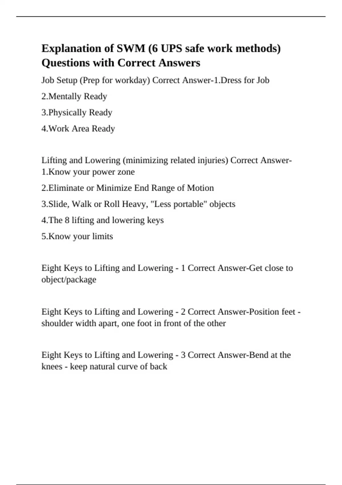 Explanation of SWM (6 UPS safe work methods) Questions with Correct ...