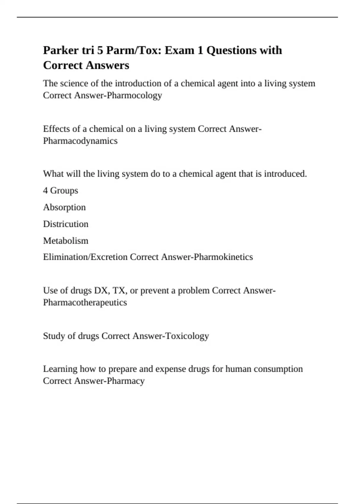 Parker tri 5 Parm/Tox: Exam 1 Questions with Correct Answers - Pharm ...