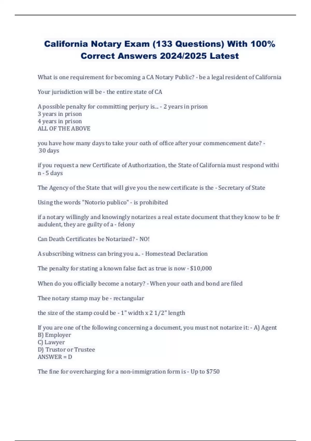 California Notary Exam (133 Questions) With 100% Correct Answers 2024/ ...