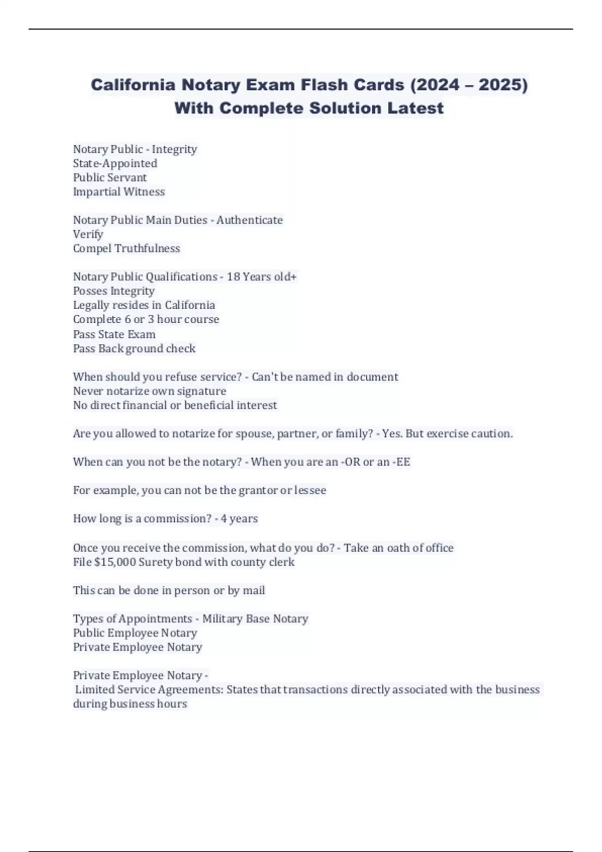 California Notary Exam Flash Cards (2024 – 2025) With Complete Solution ...