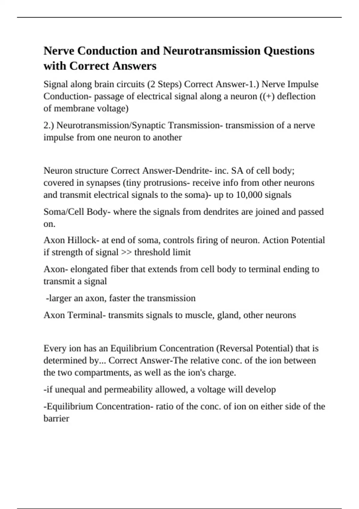 Nerve Conduction and Neurotransmission Questions with Correct Answers ...