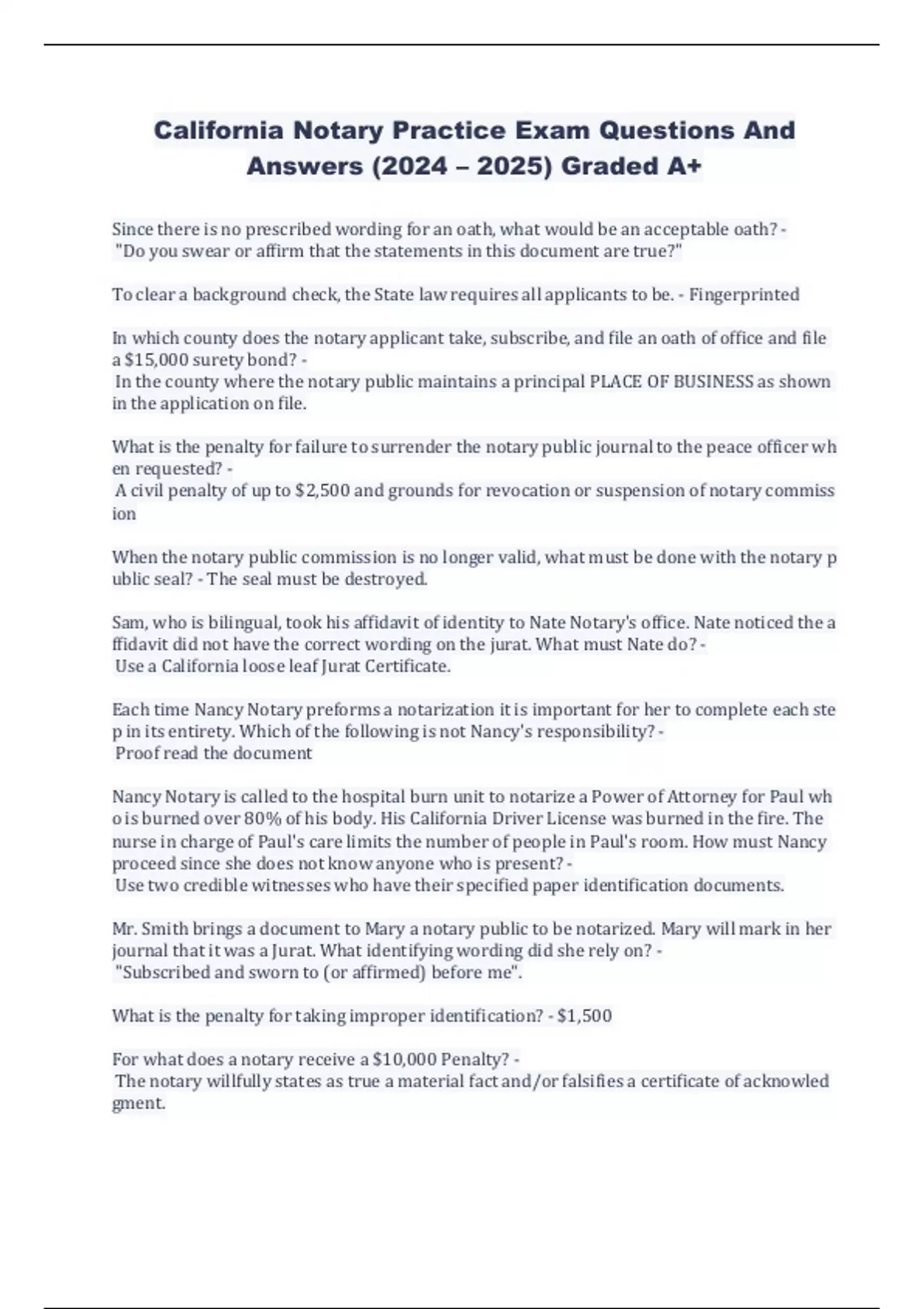 California Notary Practice Exam Questions And Answers (2024 – 2025 ...