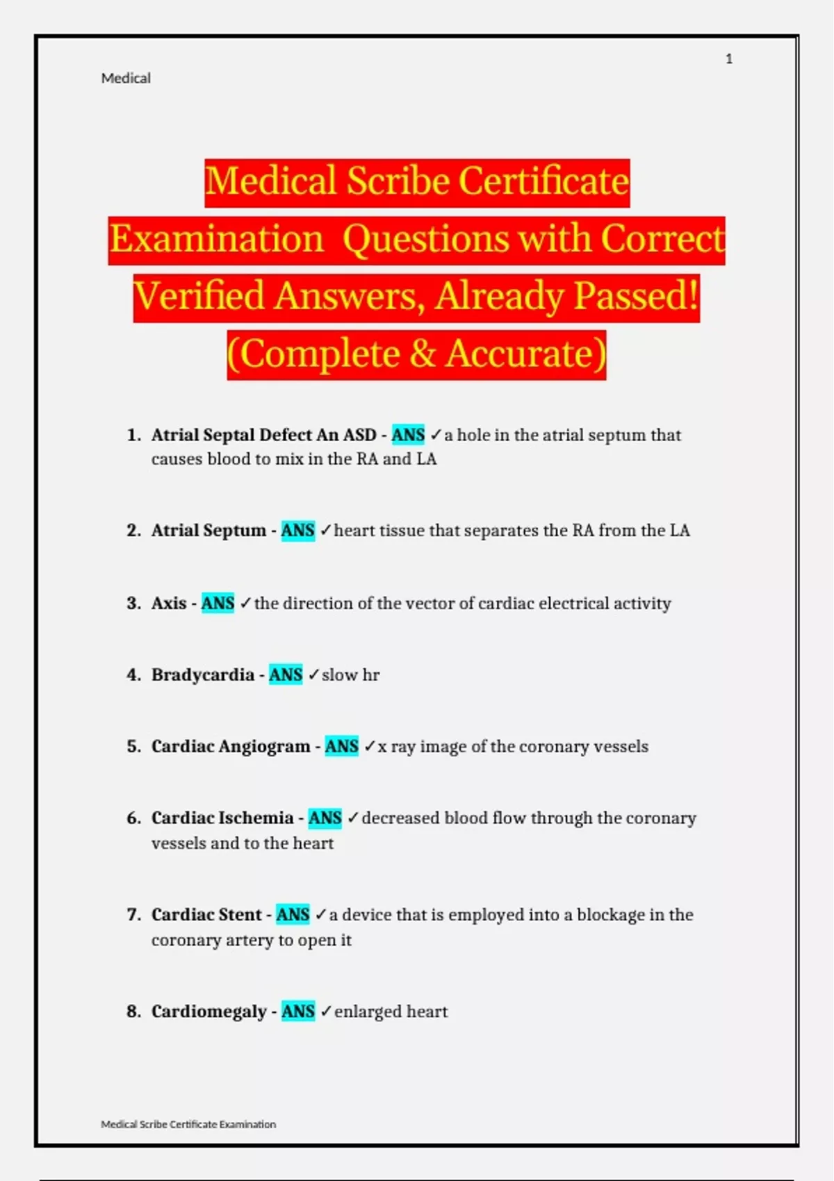 Medical Scribe Certificate Examination Questions with Correct Verified ...