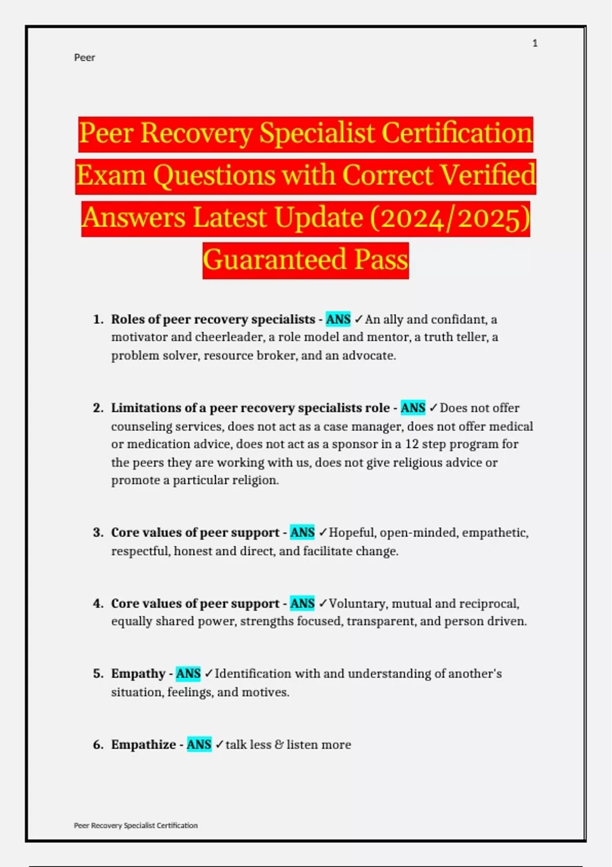 Peer Recovery Specialist Certification Exam Questions with Correct ...