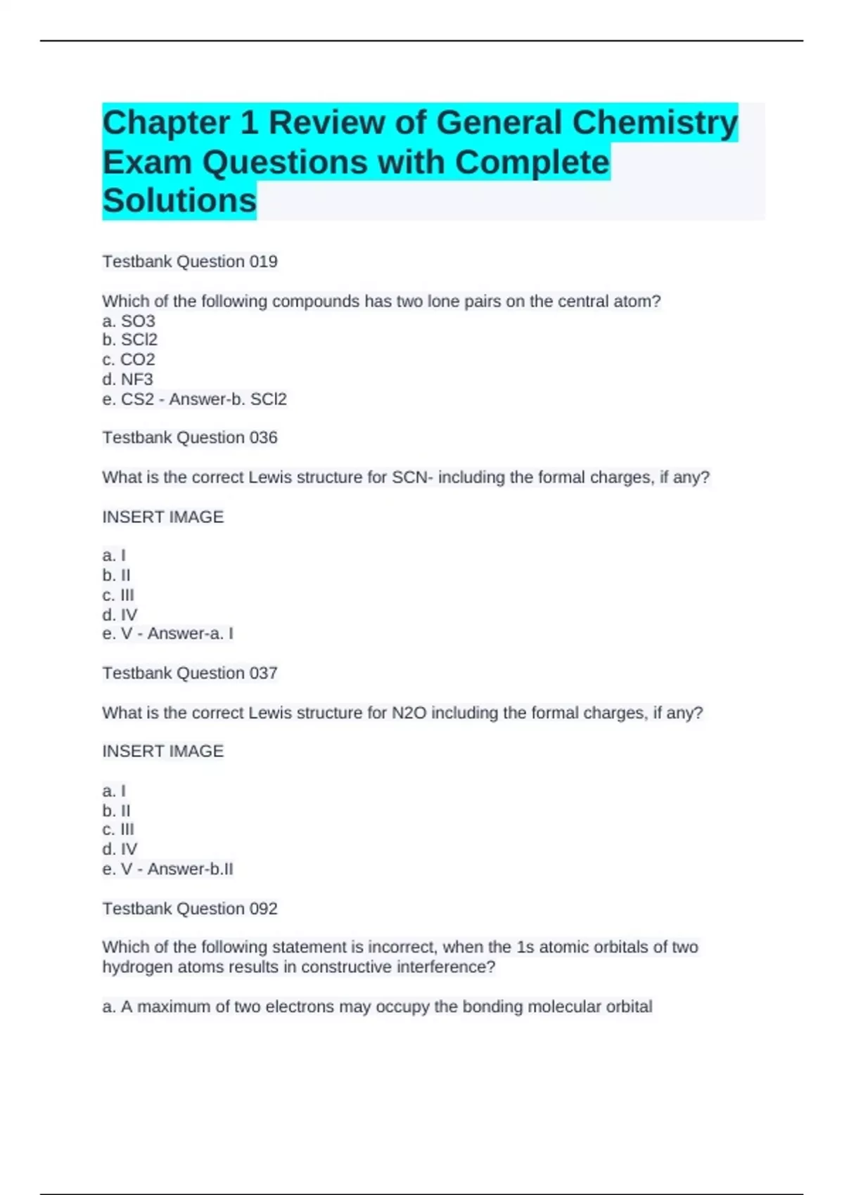 Chapter 1 Review of General Chemistry Exam Questions with Complete ...