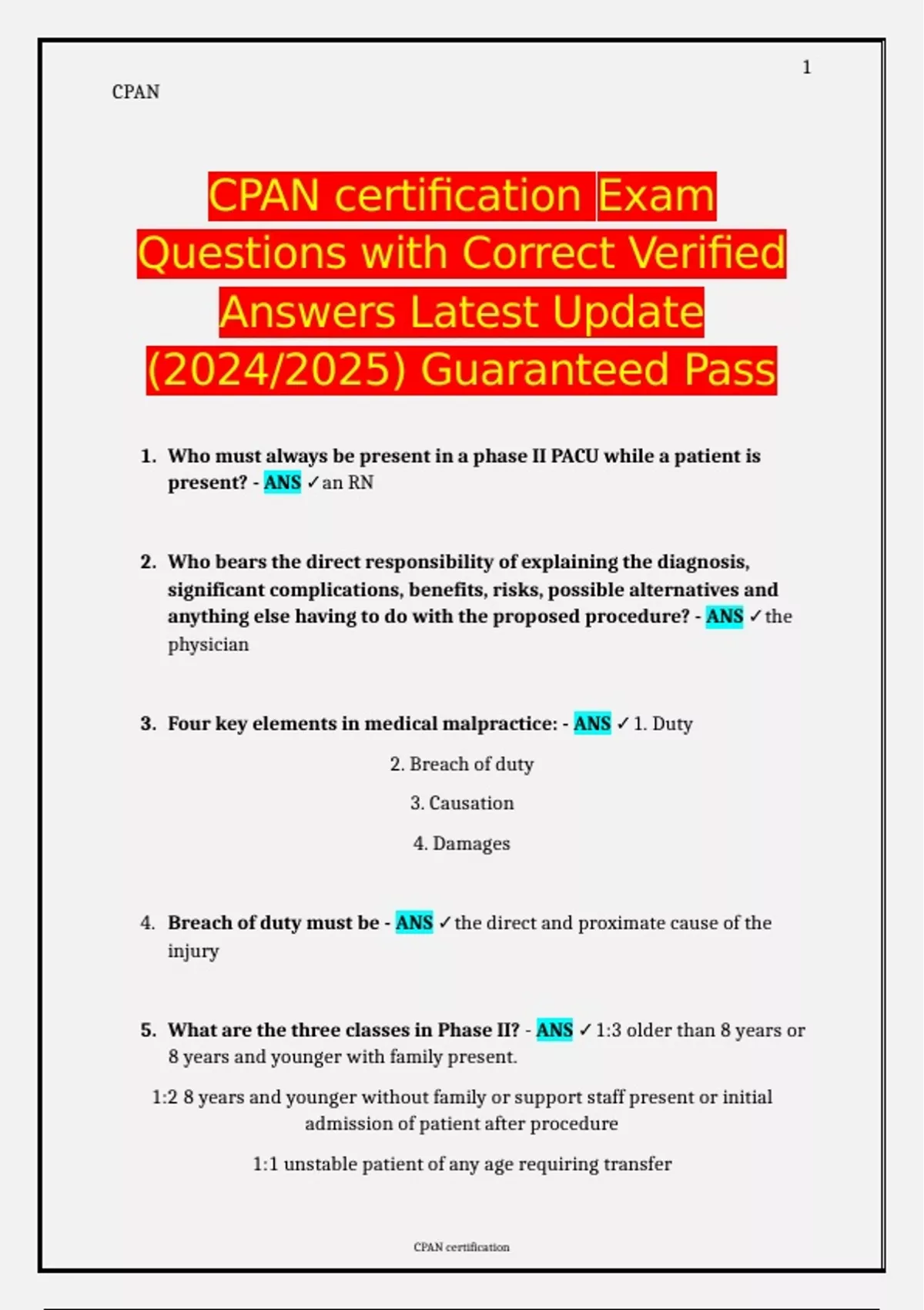 Cpan Certification Exam Questions With Correct Verified Answers Latest Update 2024 2025
