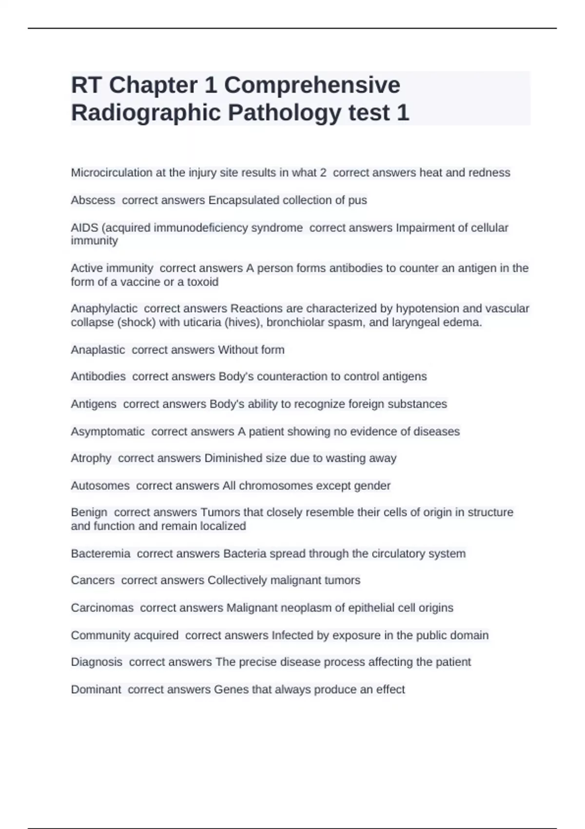 RT Chapter 1 Comprehensive Radiographic Pathology exam with correct answers 2024 - RT Chapter 1 ...