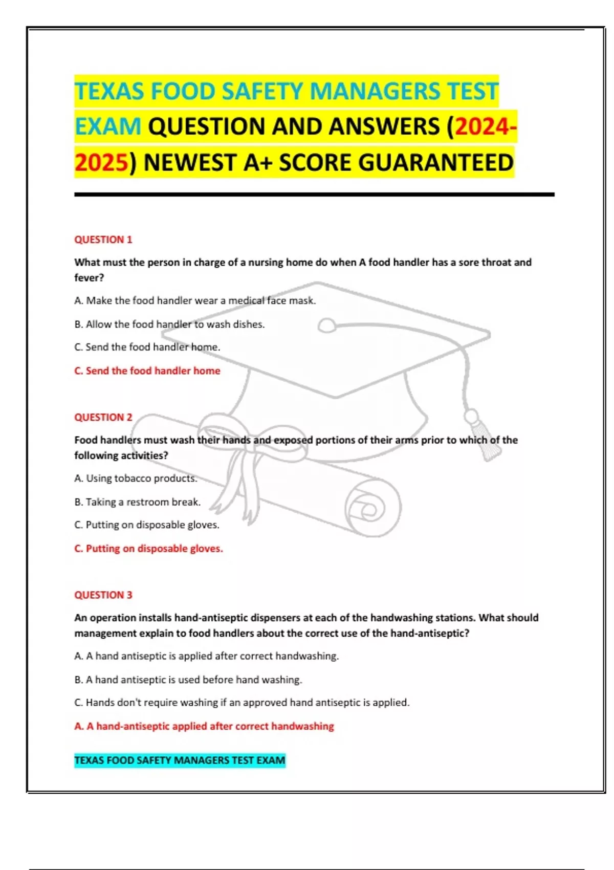 TEXAS FOOD SAFETY MANAGERS TEST EXAM QUESTION AND ANSWERS () NEWEST A+ ...