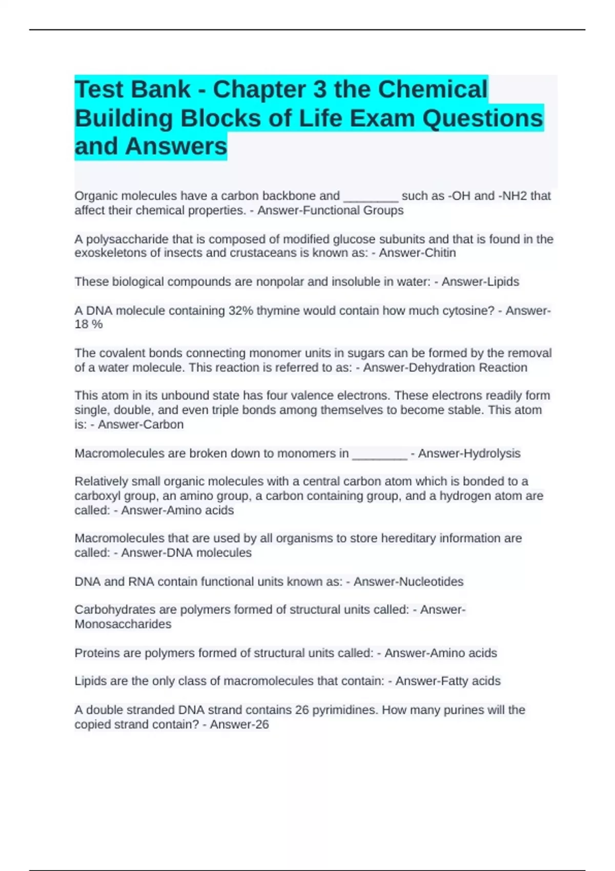 Test Bank - Chapter 3 the Chemical Building Blocks of Life Exam ...