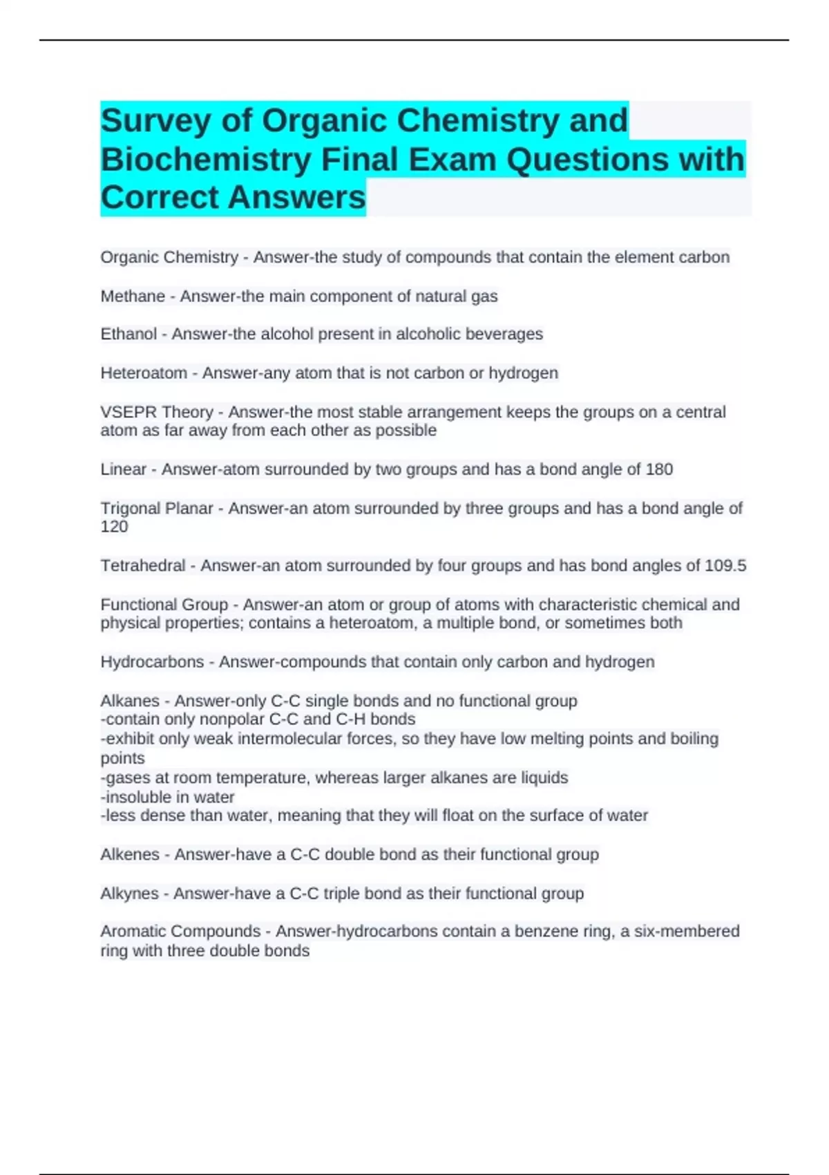 Survey of Organic Chemistry and Biochemistry Final Exam Questions with ...