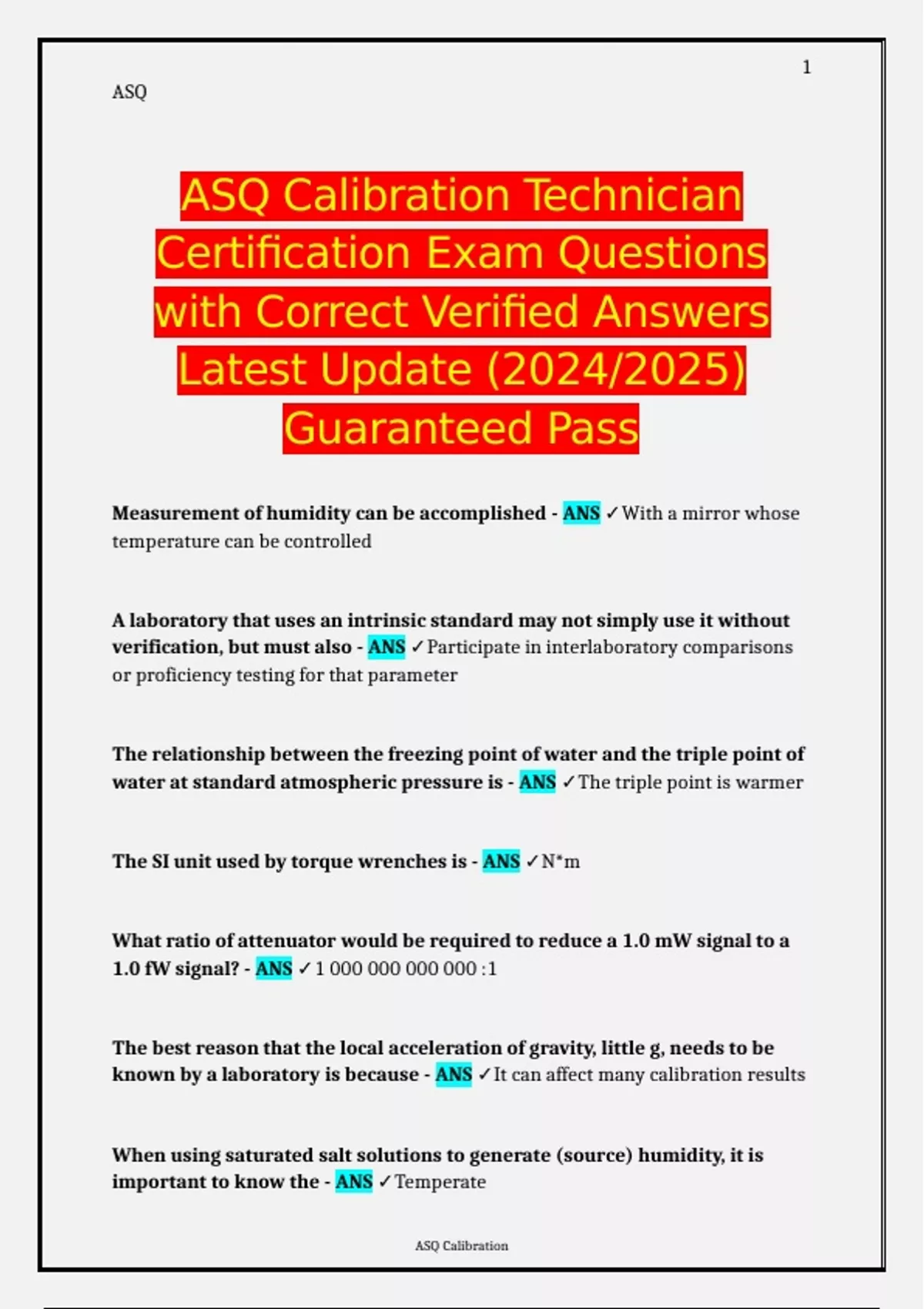 ASQ Calibration Technician Certification Exam Questions with Correct ...