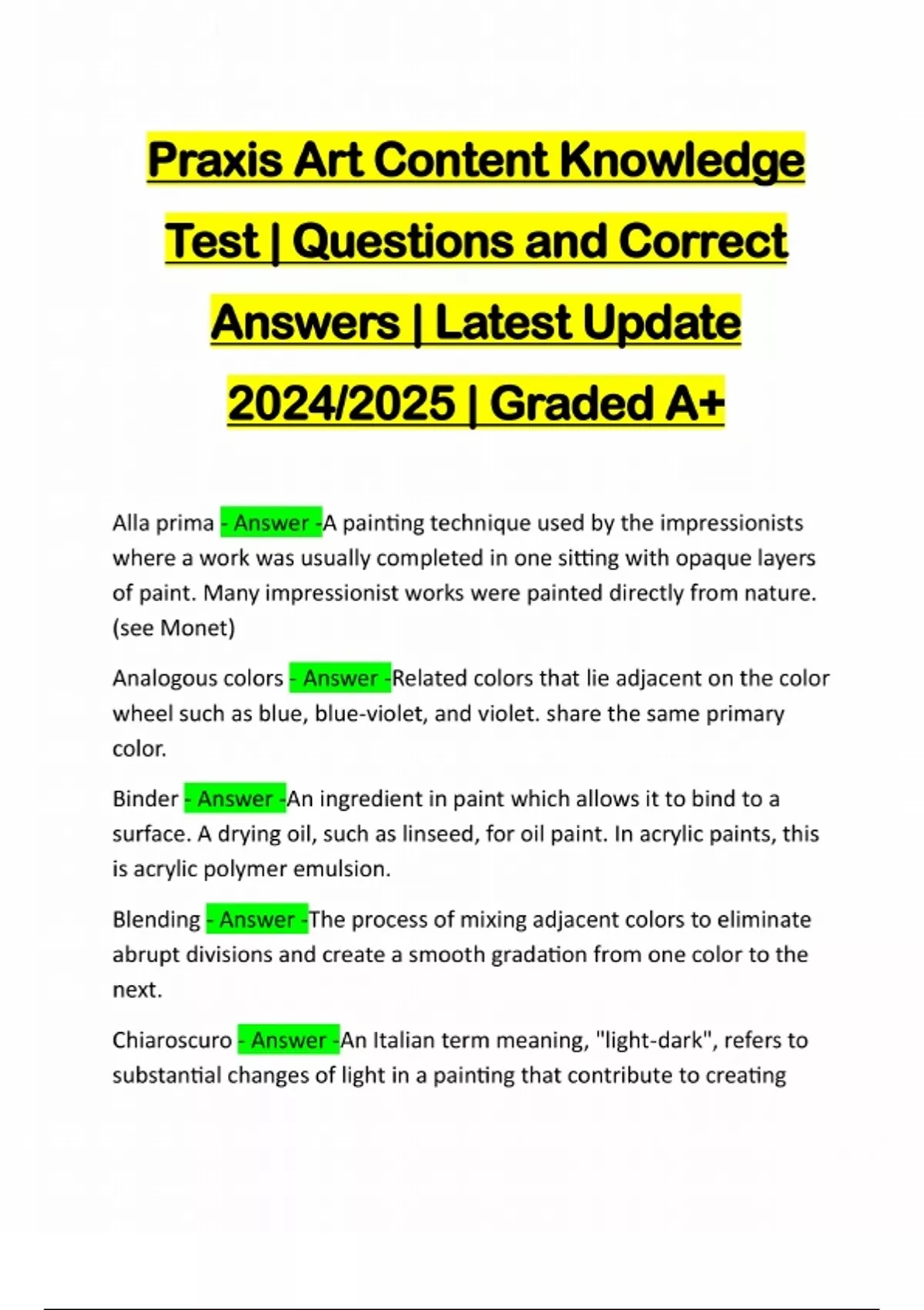 Praxis Art Content Knowledge Test | Questions and Correct Answers ...