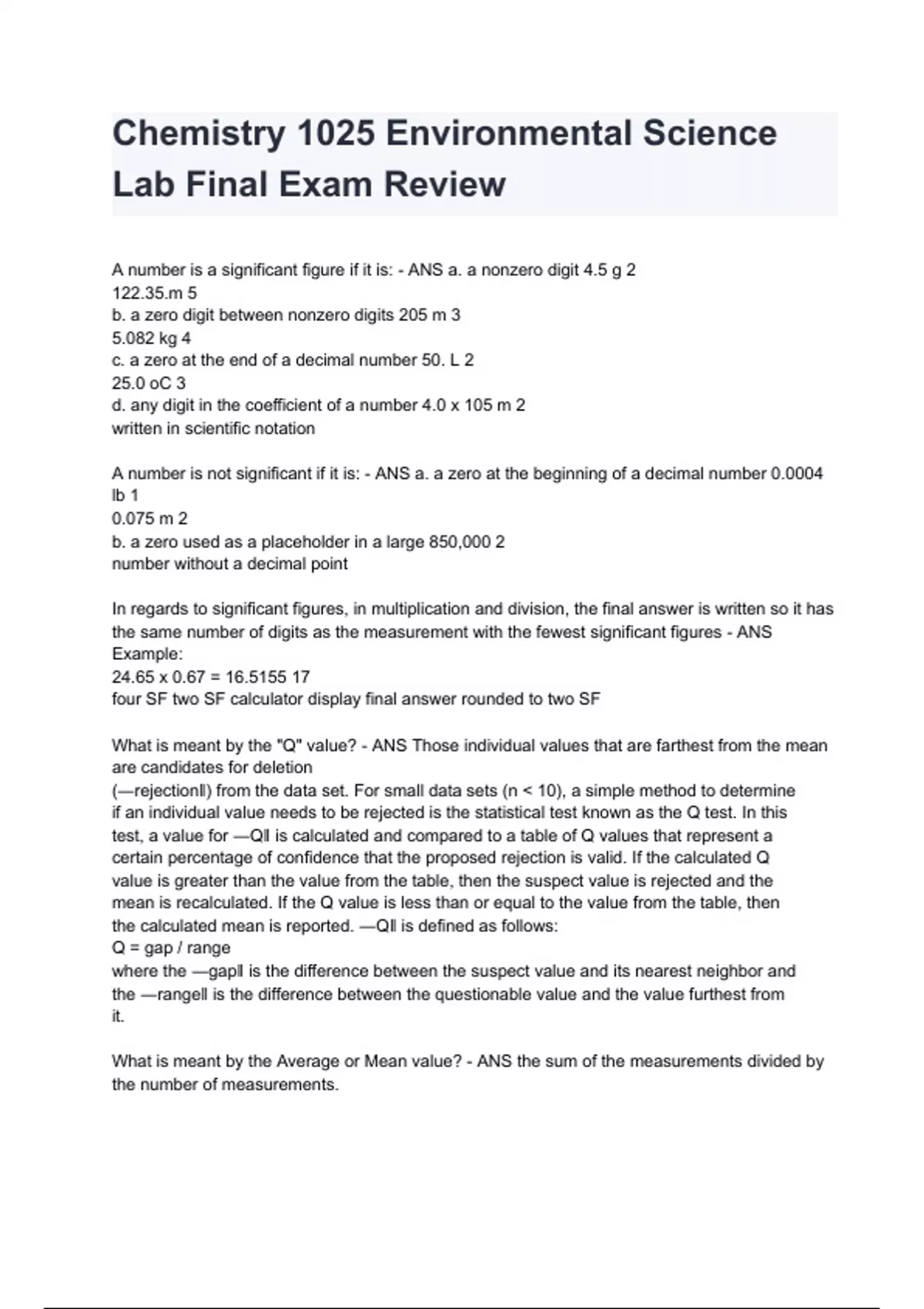 Chemistry 1025 Environmental Science Lab Final Exam Review 2024/2025 Questions With Completed ...