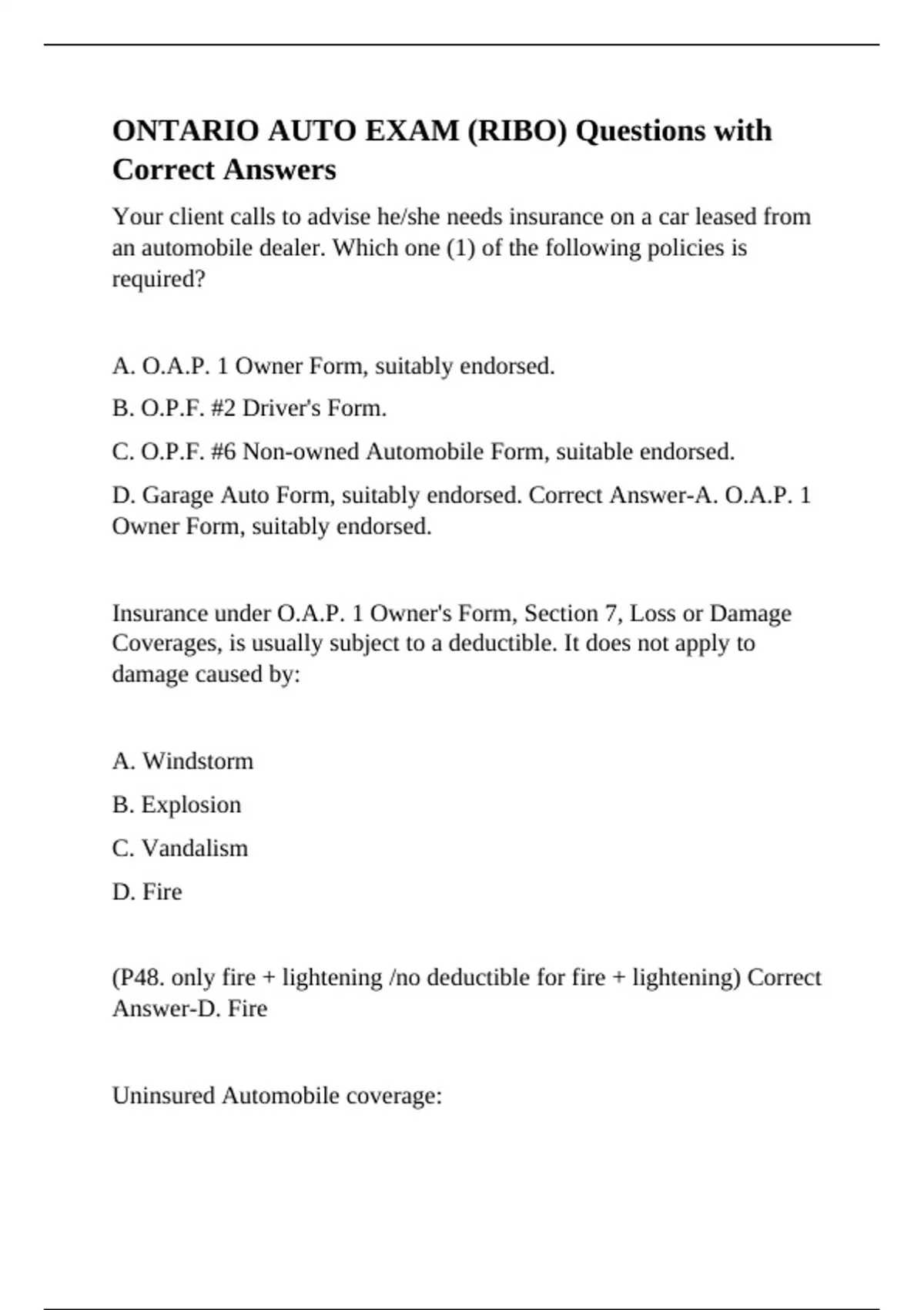 ONTARIO AUTO EXAM (RIBO) Questions with Correct Answers - Ribo - Stuvia US
