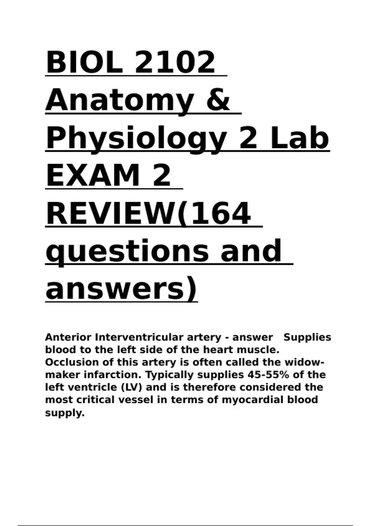 BIOL 2102 Anatomy & Physiology 2 Lab EXAM 2 REVIEW(164 questions and ...