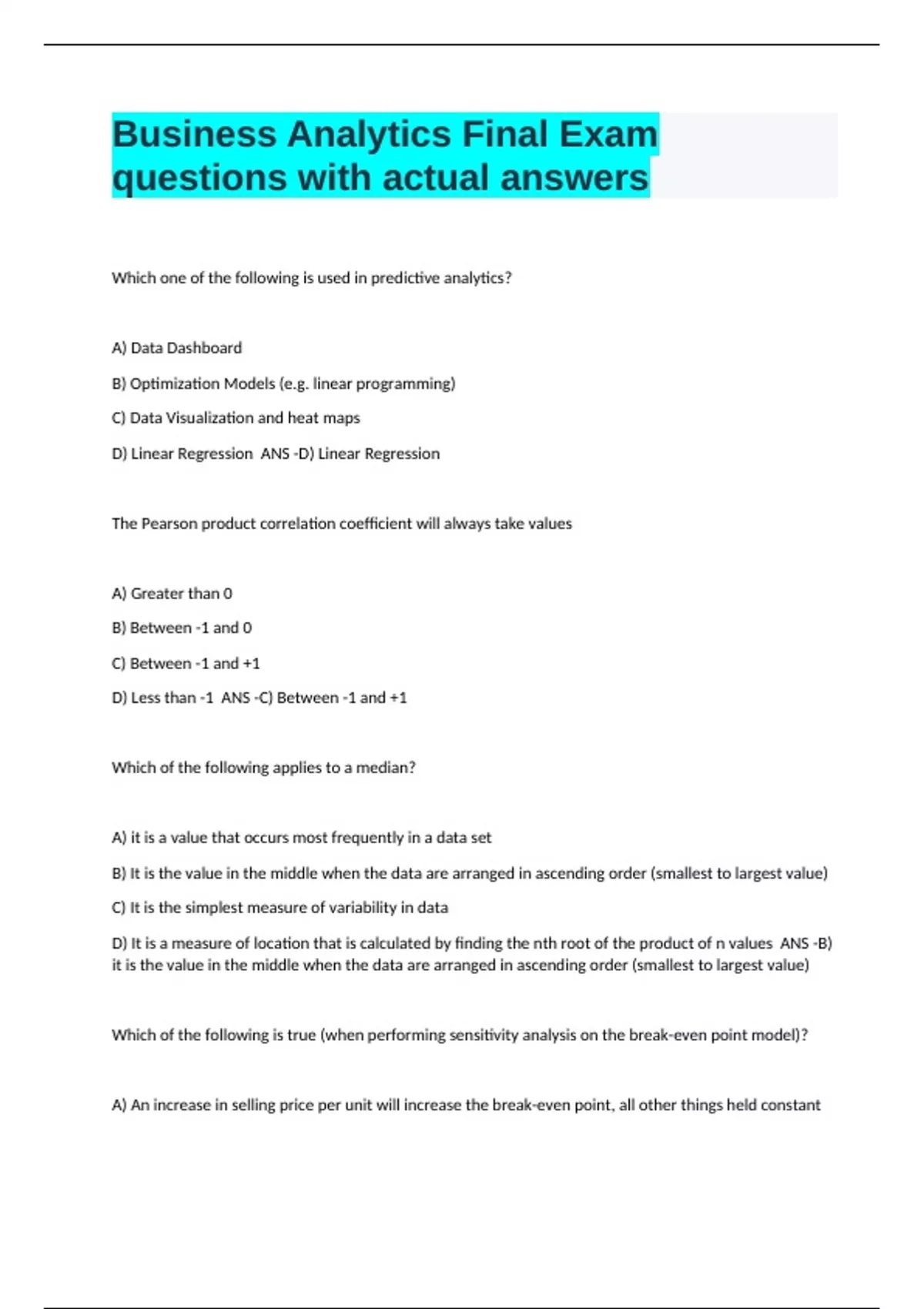 Business Analytics Final Exam questions with actual answers - Business ...