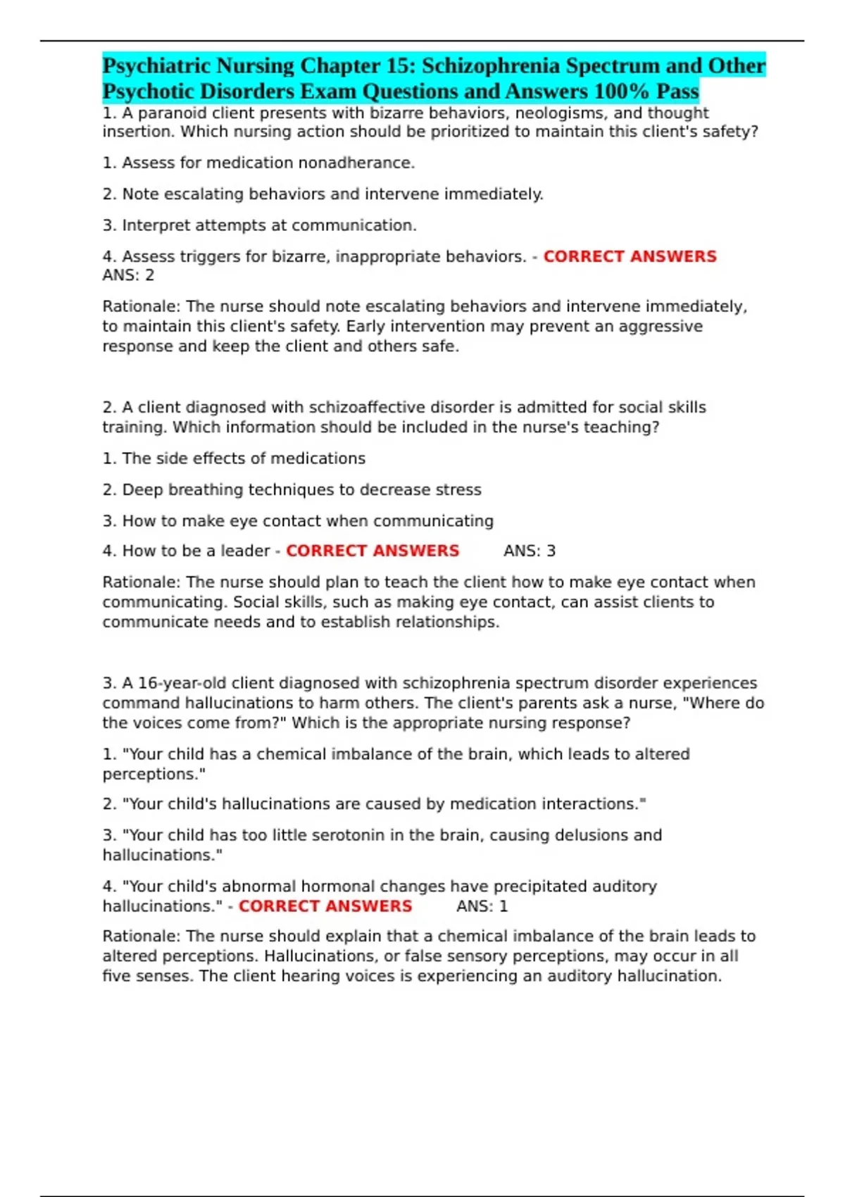 Psychiatric Nursing Chapter 15: Schizophrenia Spectrum and Other ...