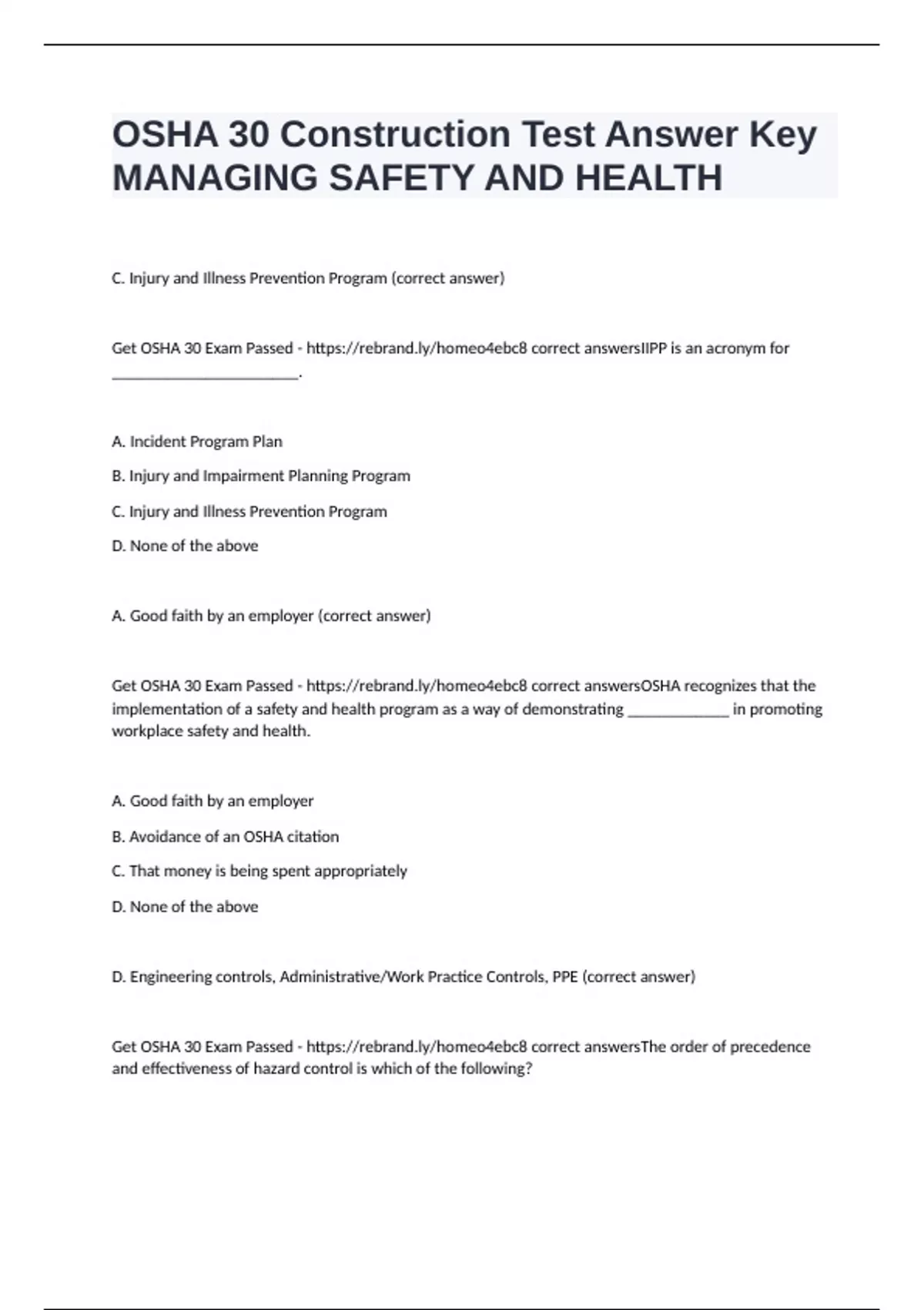 OSHA 30 Construction Test Answer Key MANAGING SAFETY AND HEALTH 100% ...