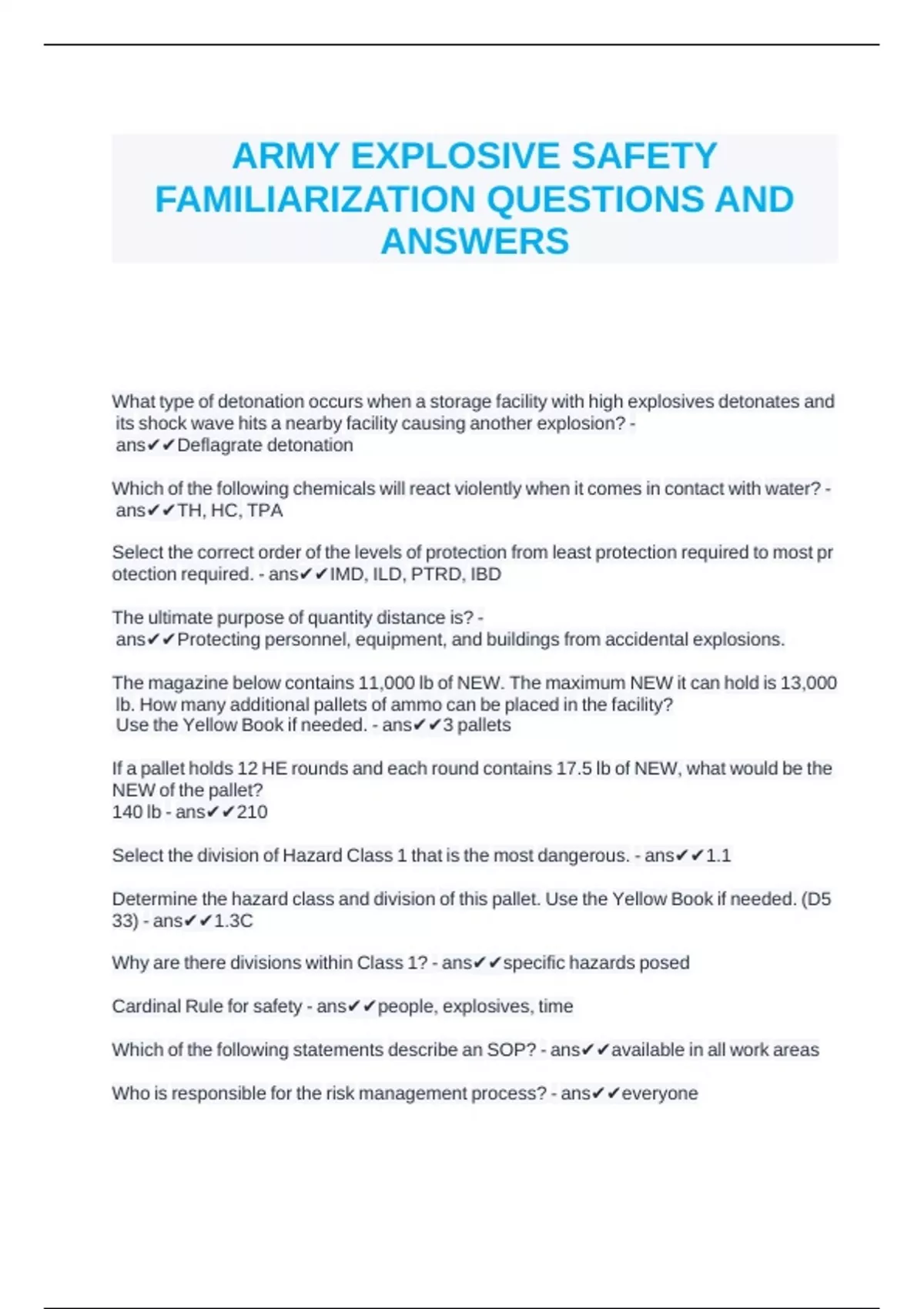 ARMY EXPLOSIVE SAFETY FAMILIARIZATION QUESTIONS AND ANSWERS - US Army ...