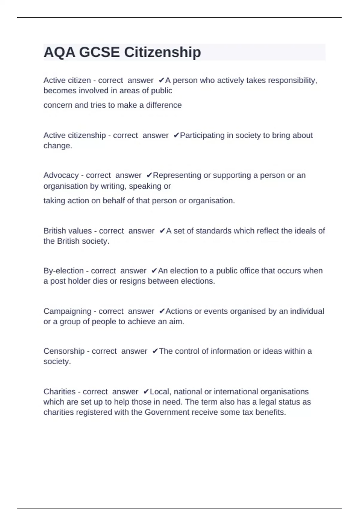 AQA GCSE Citizenship Question and answers rated A+ 2024 - AQA GCSE ...