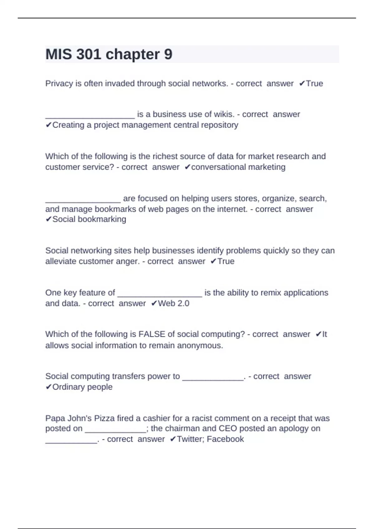 MIS 301 chapter 9 Questions with complete solution 2024 - MIC 301 ...