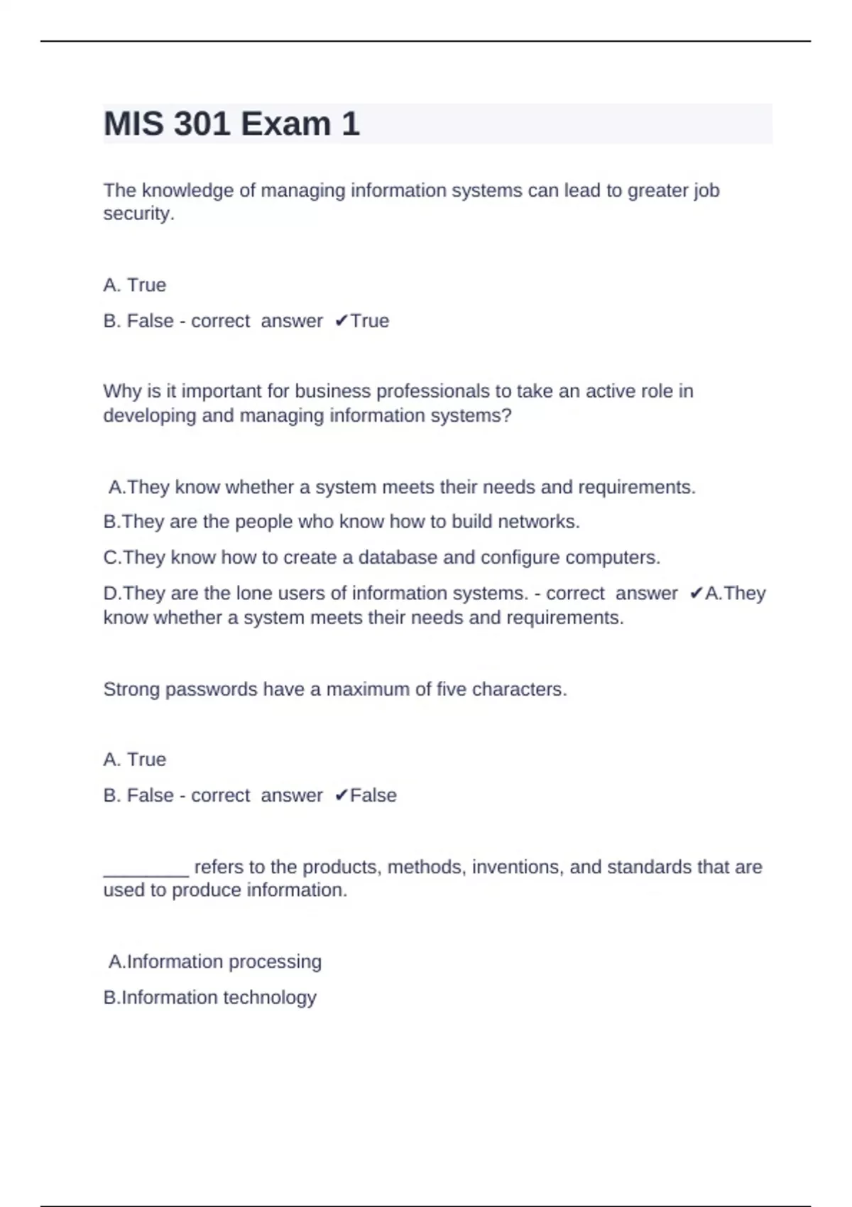 MIS 301 Exam 1 Question and answers correctly solved 2024 - MIC 301 - Stuvia US