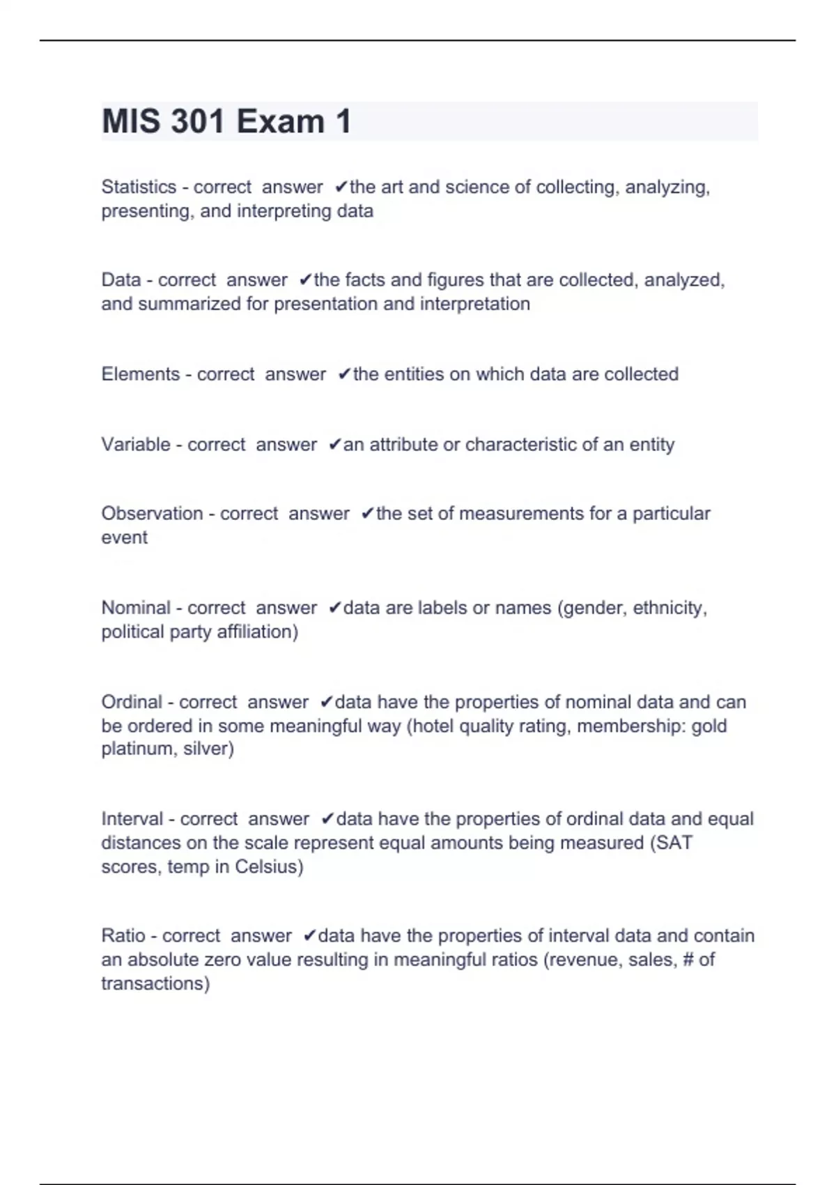 MIS 301 Exam 1 Questions with complete solution 2024 - MIC 301 - Stuvia US