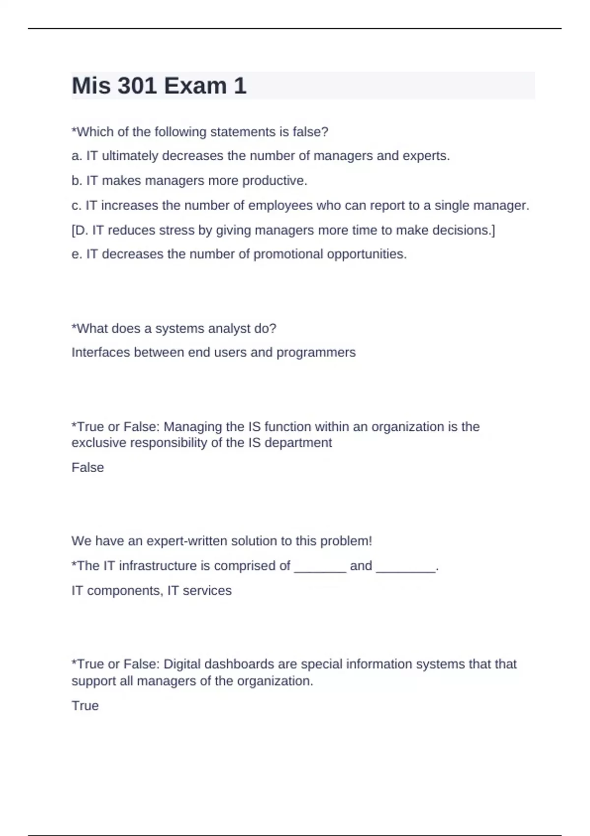 Mis 301 Exam 1 Question and answers 100% correct 2024 - MIC 301 - Stuvia US