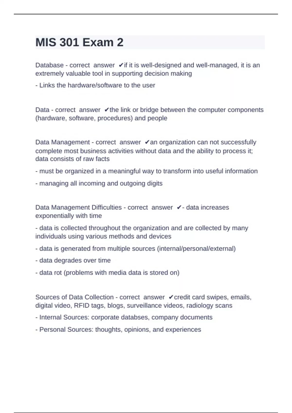 MIS 301 Exam 2 Question and answers 100% correct 2024 - MIC 301 - Stuvia US