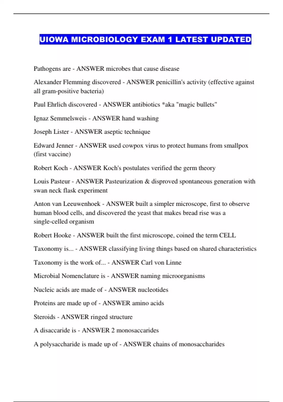 UIOWA MICROBIOLOGY EXAM 1 LATEST UPDATED - UIOWA MICROBIOLOGY - Stuvia US