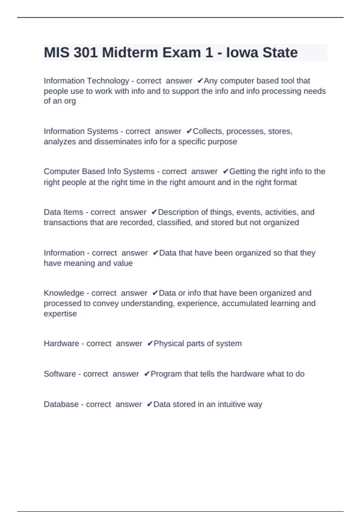 MIS 301 Midterm Exam 1 Question and answers 100% correct 2024 - MIC 301 - Stuvia US