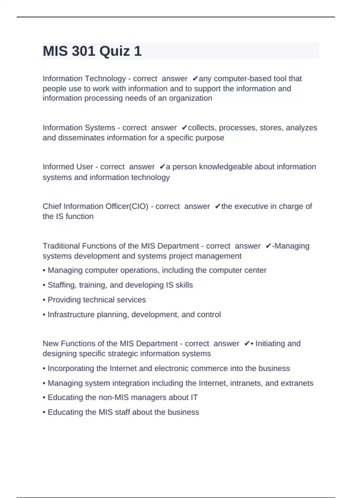 MIS 301 Quiz 1 Question and answers correctly solved 2024 - MIC 301 - Stuvia US