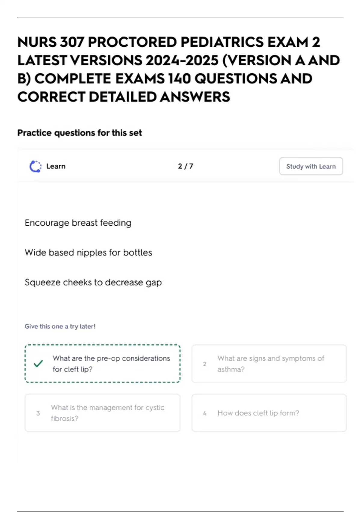NURS 307 PROCTORED PEDIATRICS EXAM 2 LATEST VERSIONS (VERSION A AND B ...