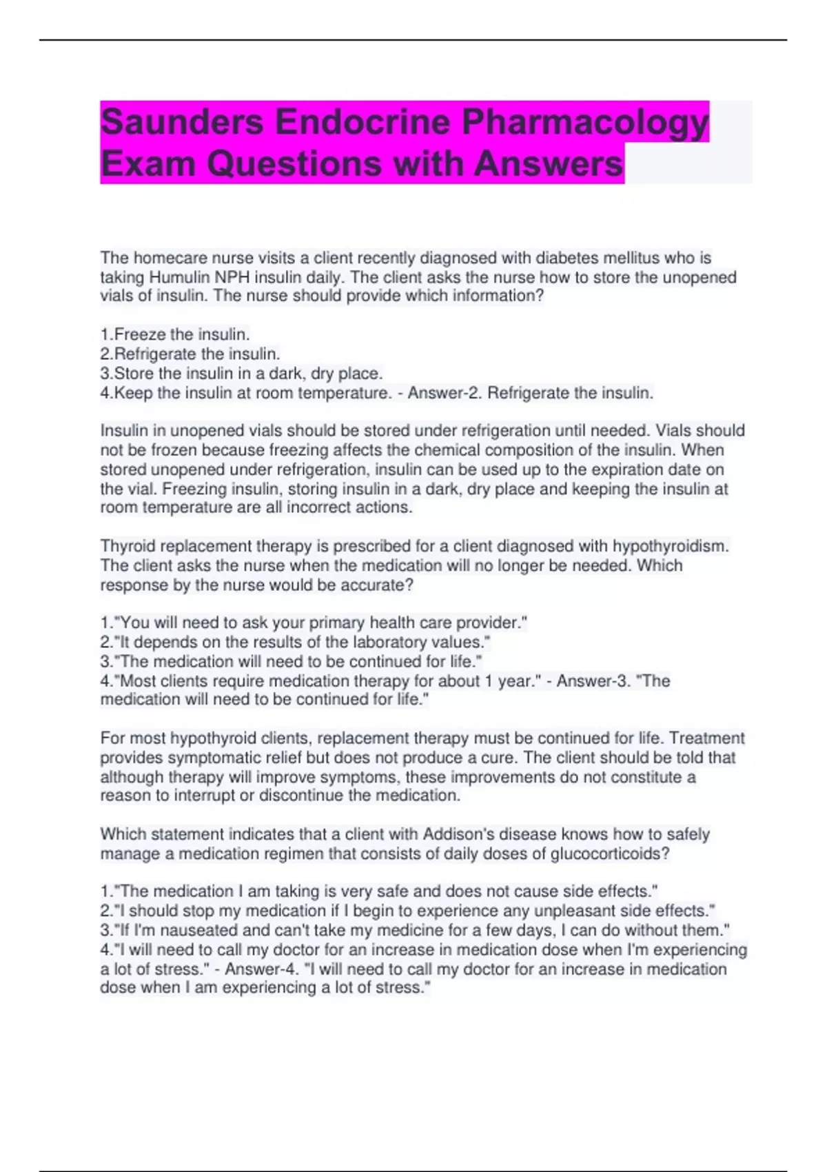 Saunders Endocrine Pharmacology Exam Questions with Answers - Saunders Endo crine Pharmacology ...