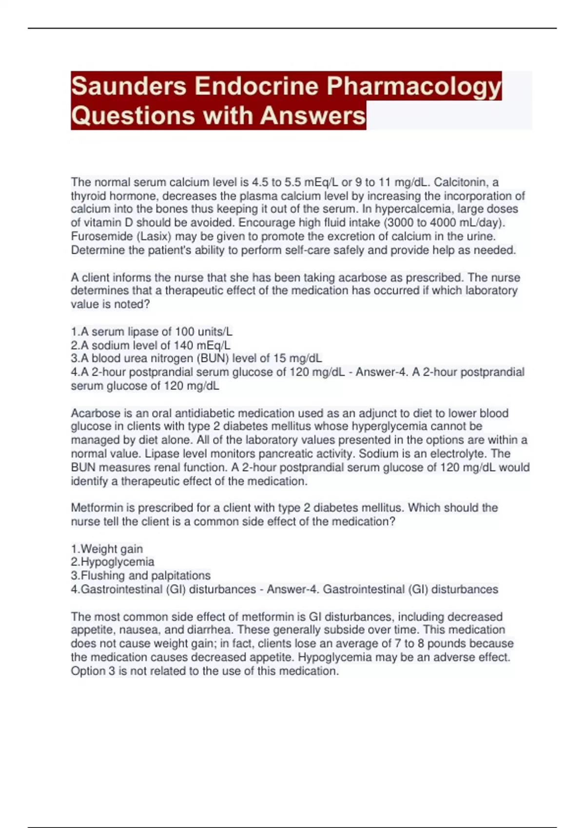 Saunders Endocrine Pharmacology Questions with Answers - Saunders Endo crine Pharmacology ...