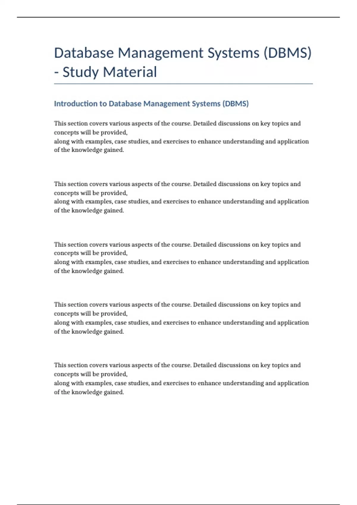 Summary Database Management Systems (DBMS): Concepts, Models, and Best Practices - Database ...