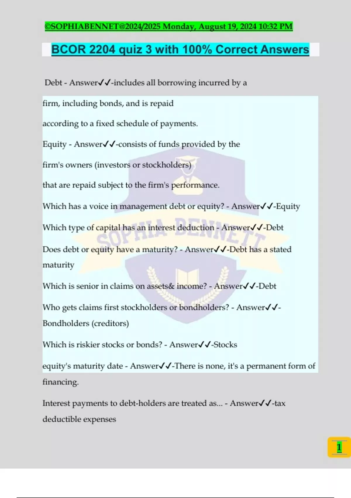 BCOR 2204 quiz 3 with 100% Correct Answers - BCOR - Stuvia US